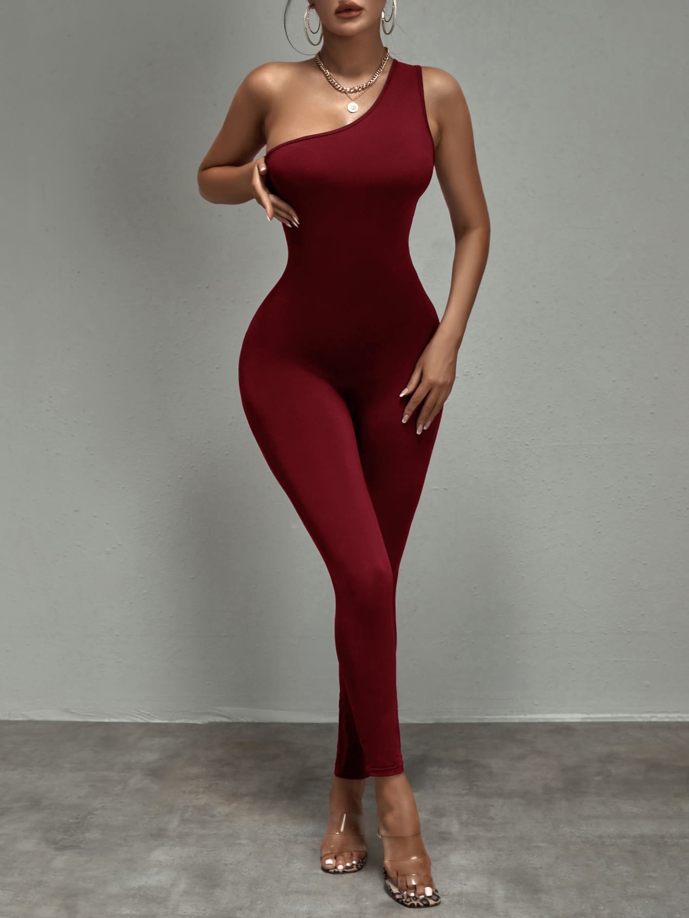 Solid One Shoulder Unitard Jumpsuit