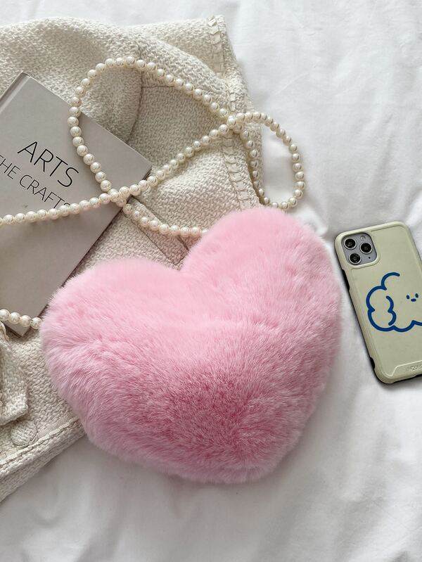 Fluffy Heart Faux Pearls Decor Crossbody Bag | SHEIN UK