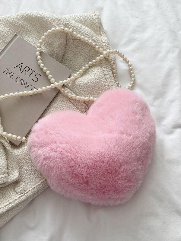Fluffy Heart Faux Pearls Decor Crossbody Bag | SHEIN UK