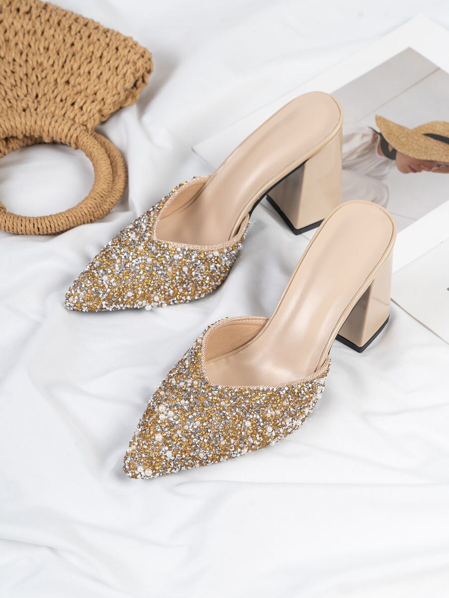 Sequin & Faux Pearl Decor Chunky Heeled Mules | SHEIN USA