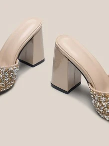 Sequin & Faux Pearl Decor Chunky Heeled Mules | SHEIN USA
