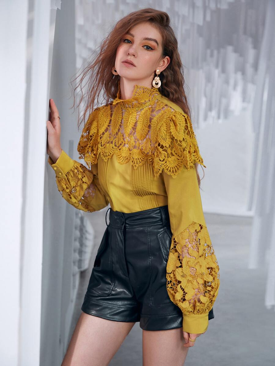 SHEIN Privé Contrast Lace Bishop Sleeve Blouse | SHEIN USA