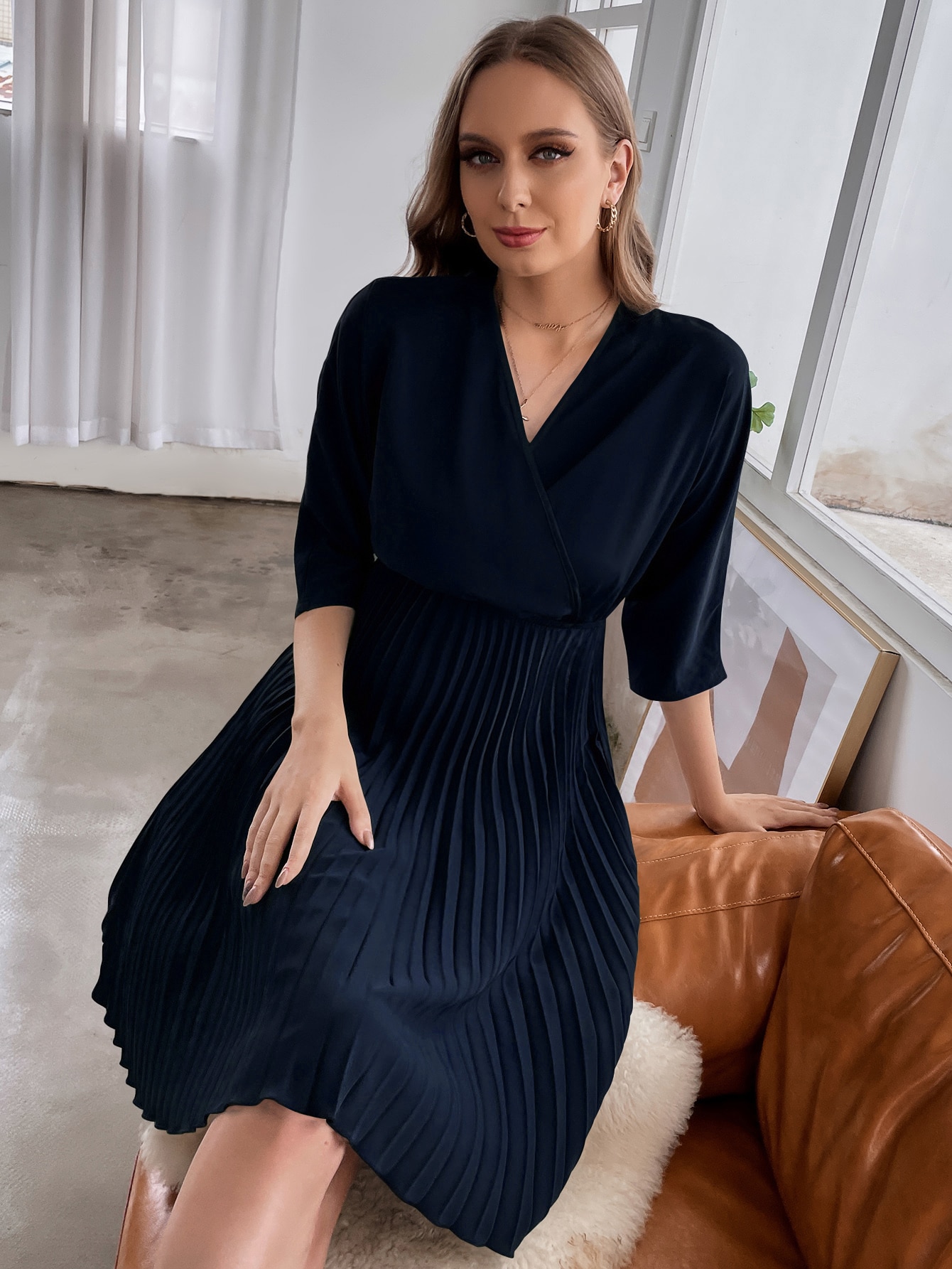 Dolman Sleeve Overlap Collar Pleated Hem Dress