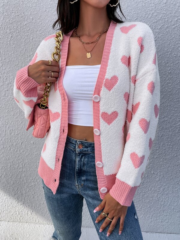 Heart Pattern Drop Shoulder Cardigan | SHEIN USA