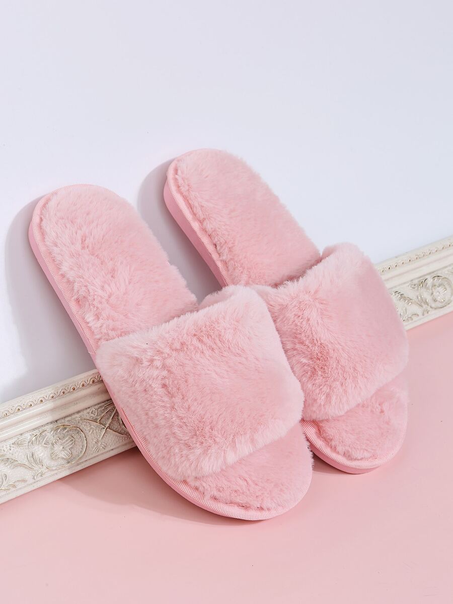 Women's Pink Fashion Solid Color Bedroom Slippers, Minimalist Fluffy ...