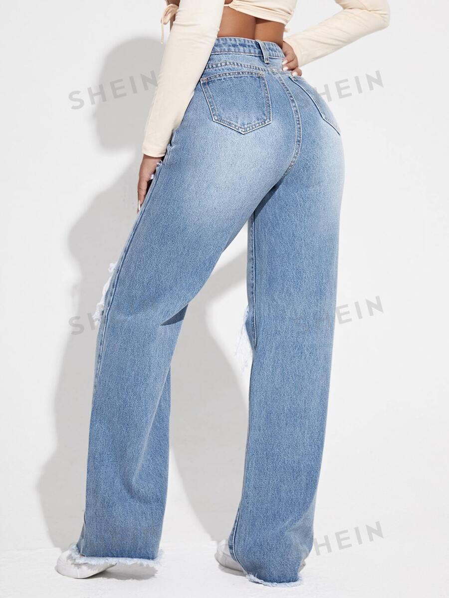SHEIN EZwear Ripped Cutout Wide Leg Jeans | SHEIN USA