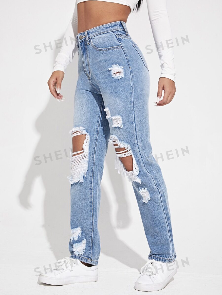 SHEIN EZwear High Waist Ripped Straight Leg Jeans | SHEIN UK