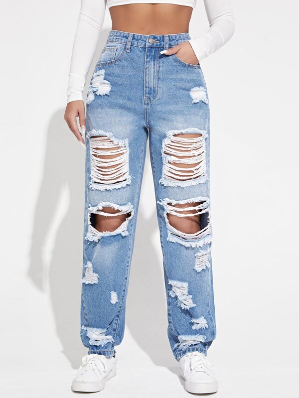 SHEIN EZwear Ripped Detail Boyfriend Jeans | SHEIN USA