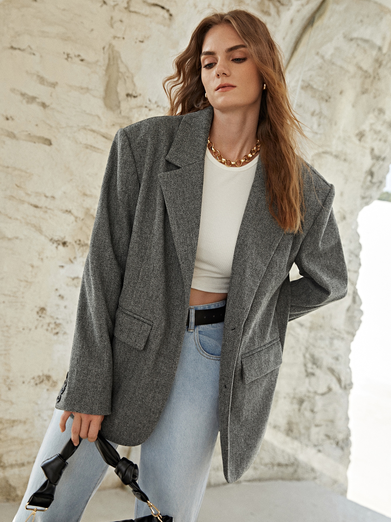 SHEIN Herringbone Lapel Neck Overcoat