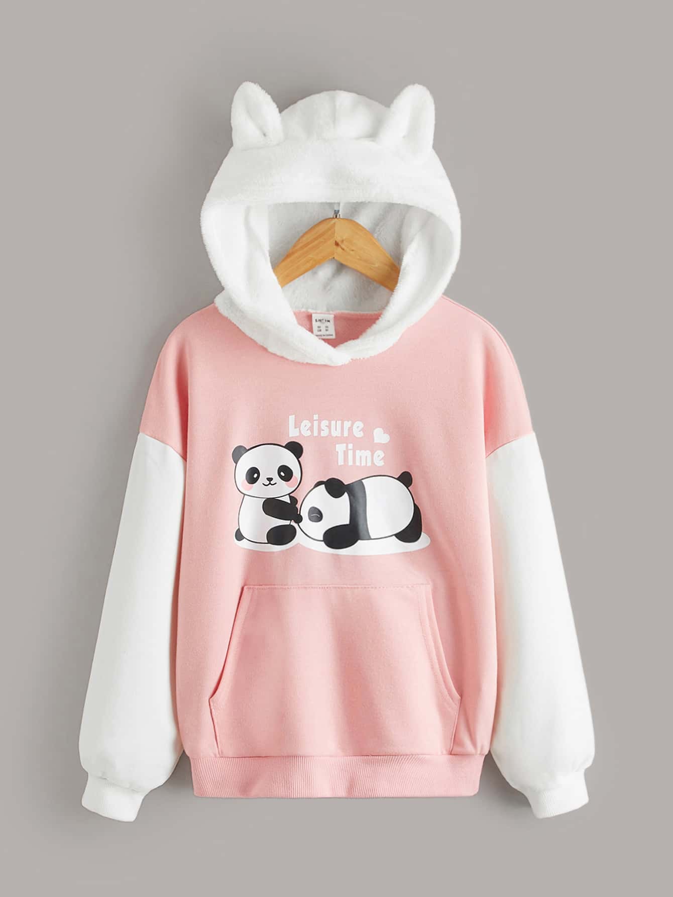 SHEIN Girls Letter & Panda Print Colorblock 3D Ear Hoodie