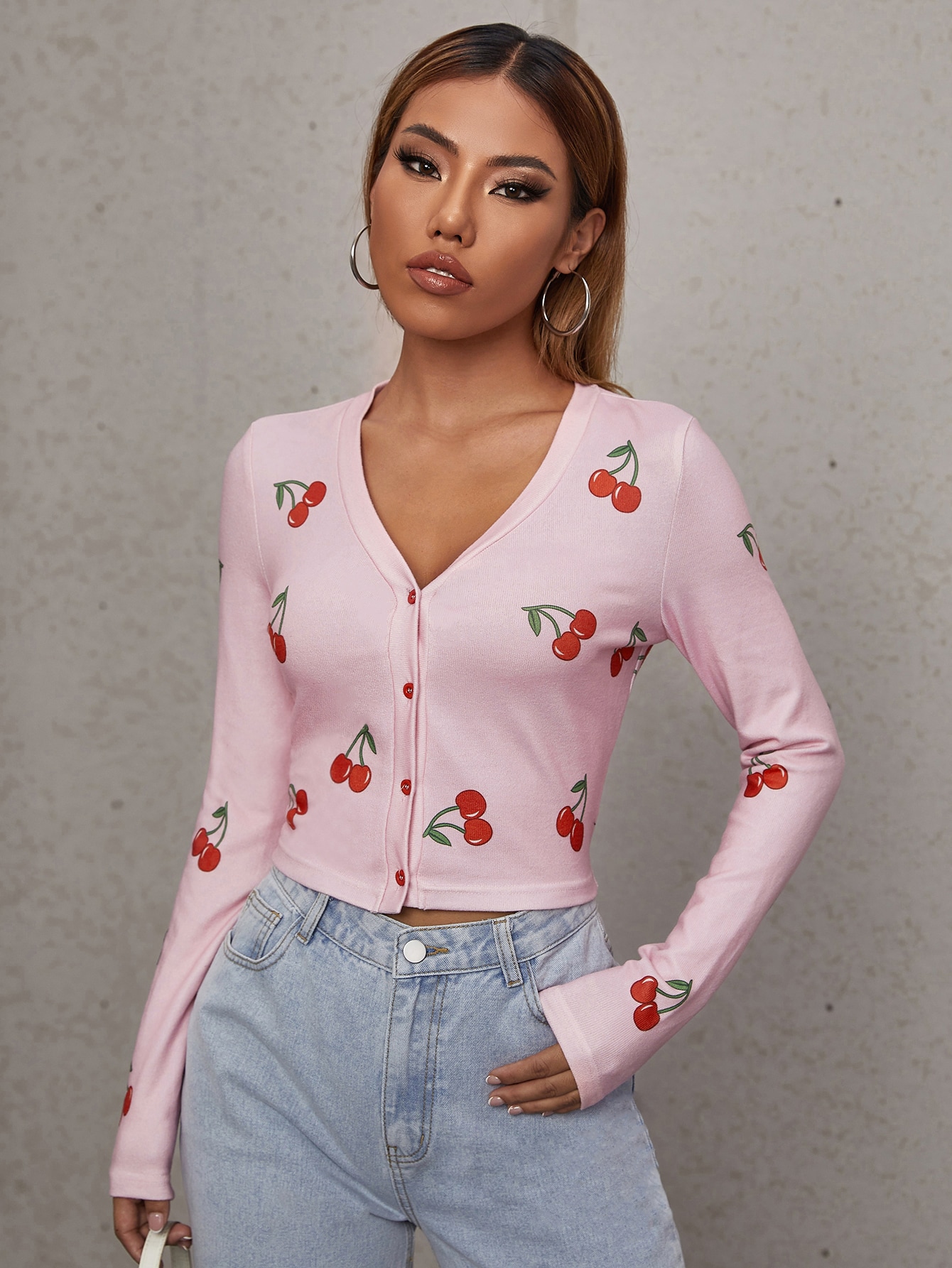 SHEIN Cherry Print Button Front T-Shirt