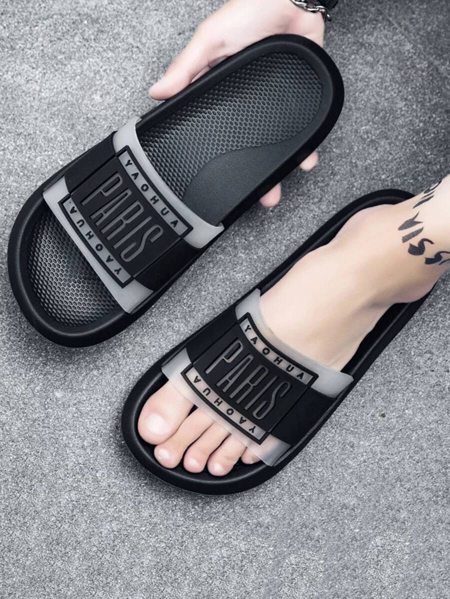 Men's Wide Version Letter Printed Slippers, Solid Color Men's House ...