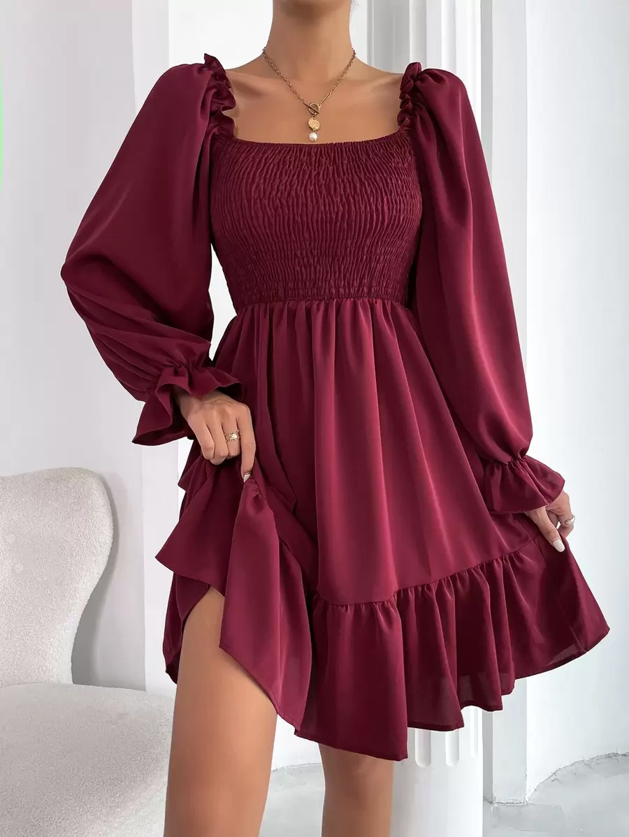 SHEIN Raffinéa Square Neck Shirred Bodice Flounce Sleeve Ruffle Hem Dress | SHEIN USA