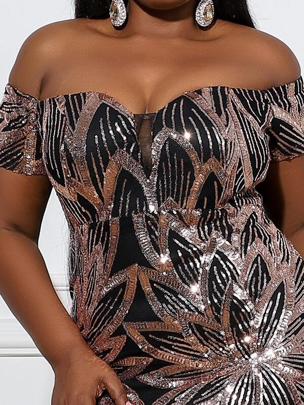 Seomiscky Plus Sheer Mesh Insert Off Shoulder Sequins Prom Dress Shein Uk