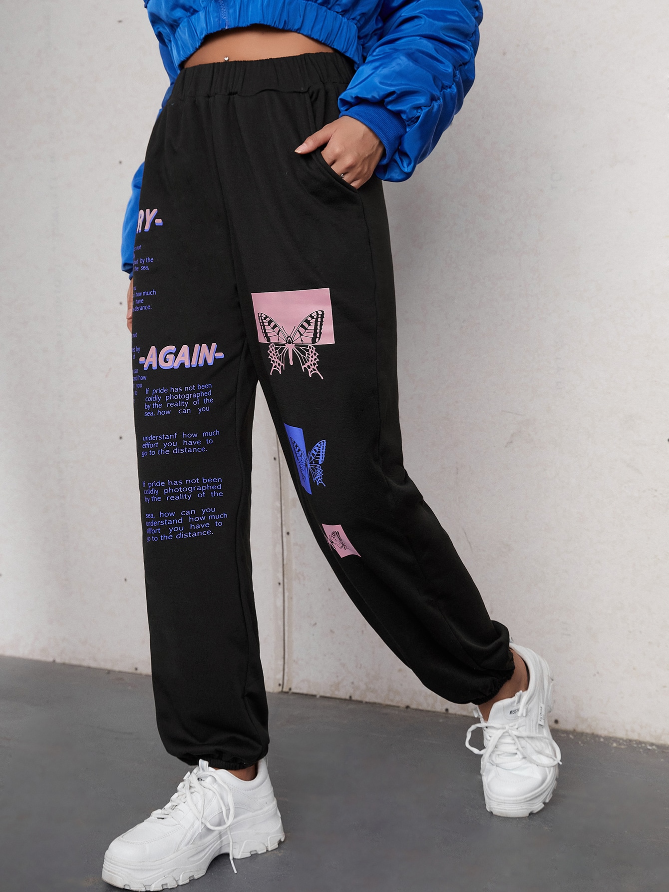 Butterfly & Slogan Graphic Sweatpants