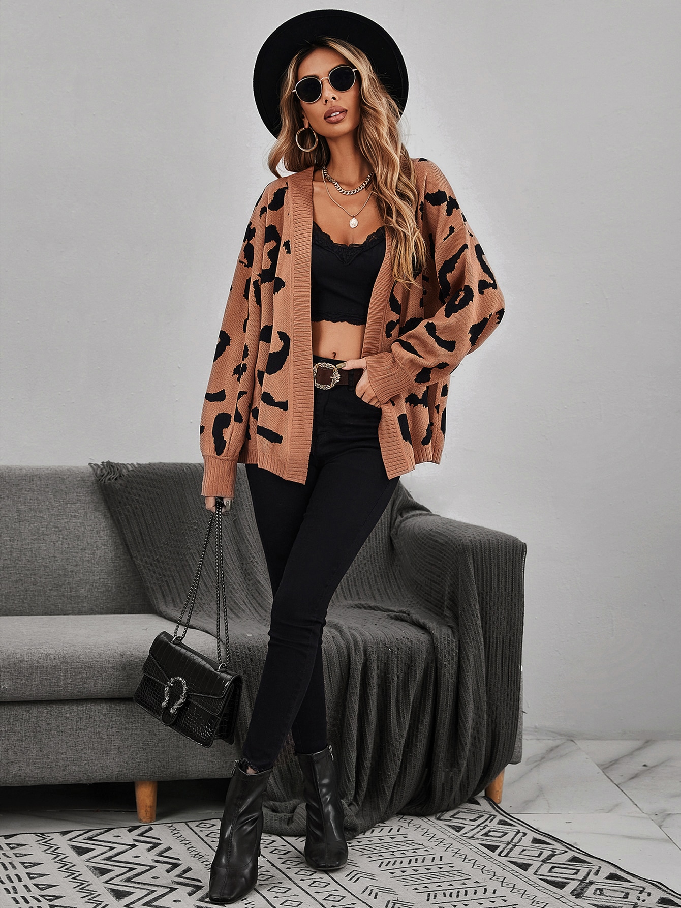 SHEIN LUNE Cárdigan con patrón de dibujo con parte delantera abierta de ...