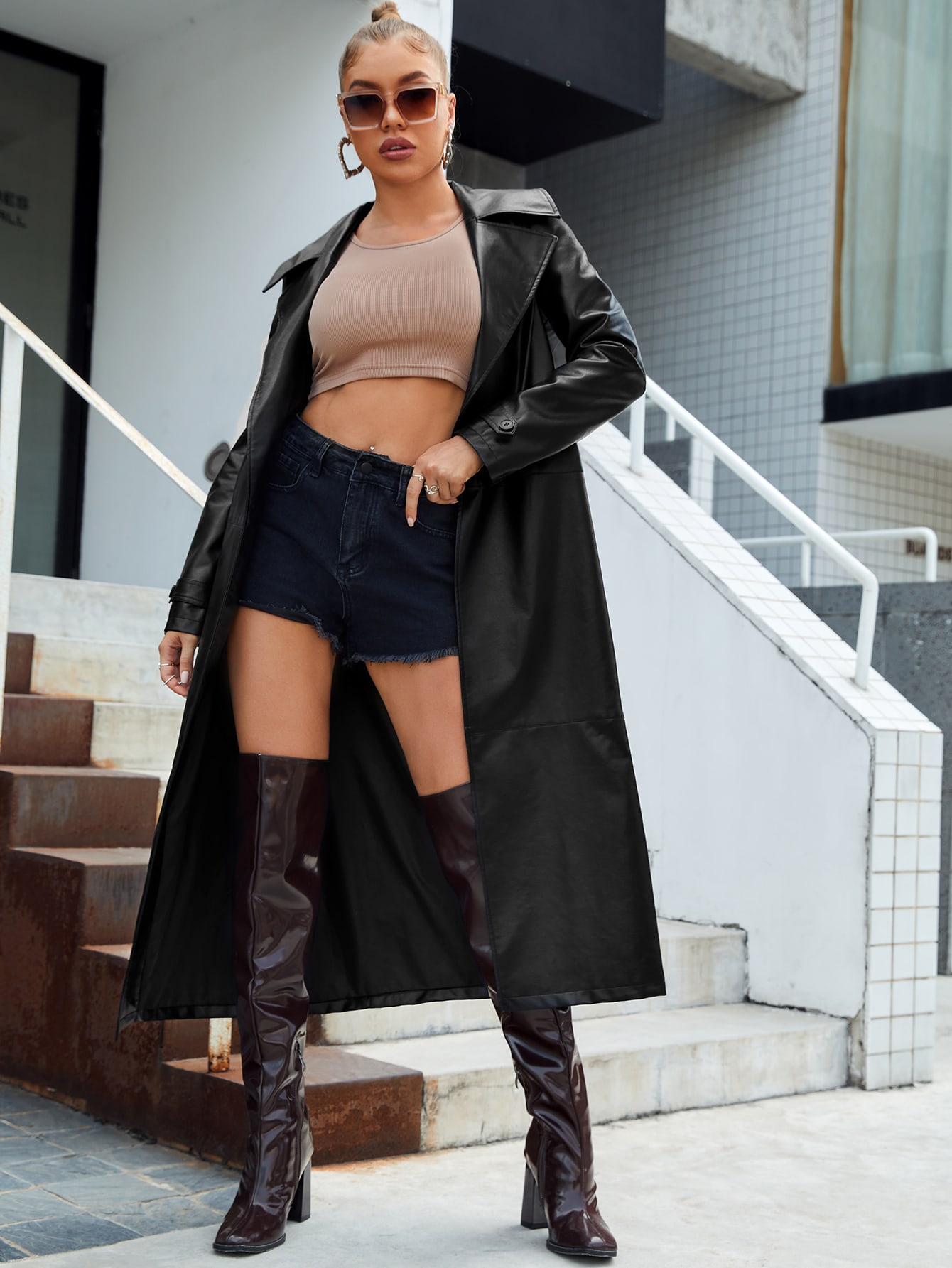SHEIN BAE Lapel Neck Belted PU Leather Longline Coat | SHEIN UK