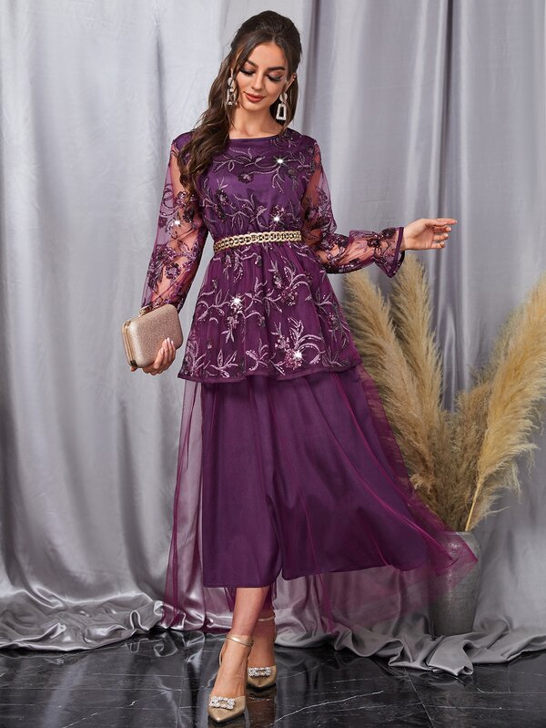 Contrast Sequin Mesh Overlay Dress | SHEIN USA