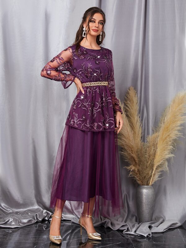 Contrast Sequin Mesh Overlay Dress | SHEIN USA