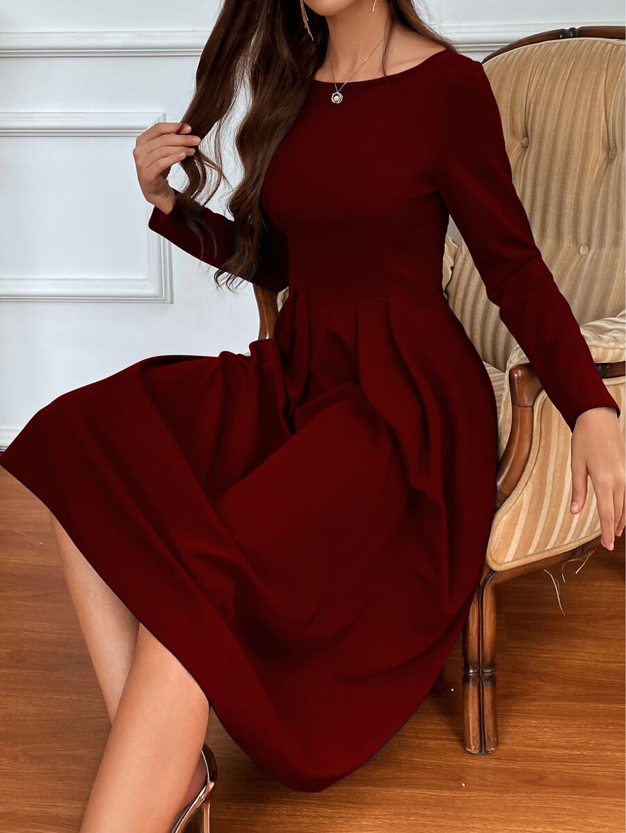 SHEIN Clasi Wine Red Long Sleeve Round Neck Waist Seam A-Line Simple ...