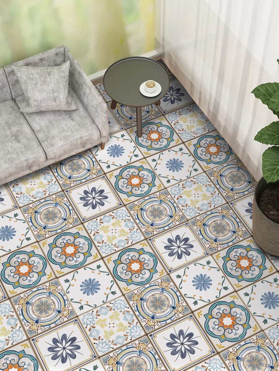 5pcs Floral Pattern PVC Floor Sticker,Waterproof Removable Peel And ...