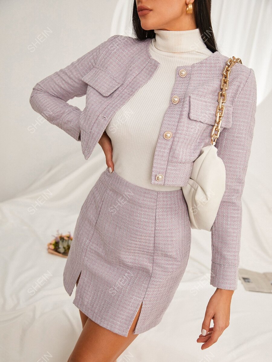 SHEIN Privé Plaid Tweed Crop Jacket & Split Hem Skirt | SHEIN UK