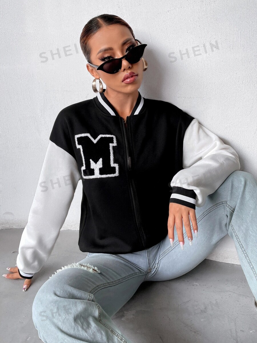 SHEIN EZwear Letter Patched Striped Trim Drop Shoulder Bomber Jacket | SHEIN USA
