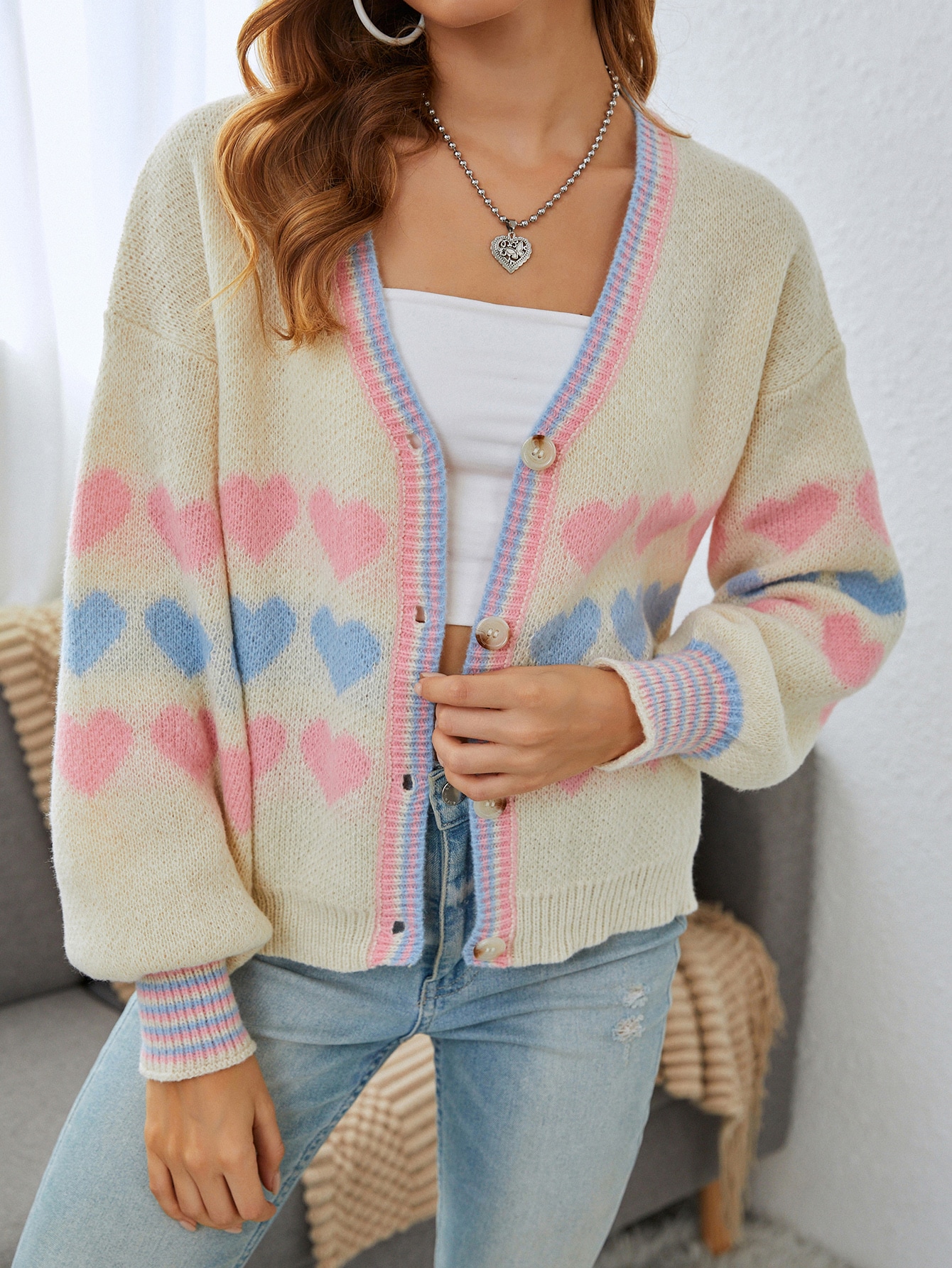 Heart Pattern Drop Shoulder Striped Trim Cardigan