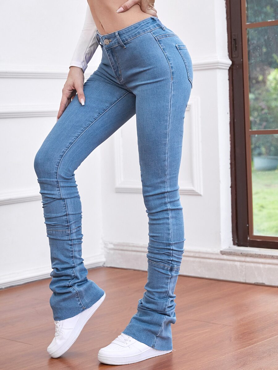 Solid Ruched Stacked Skinny Jeans | SHEIN USA
