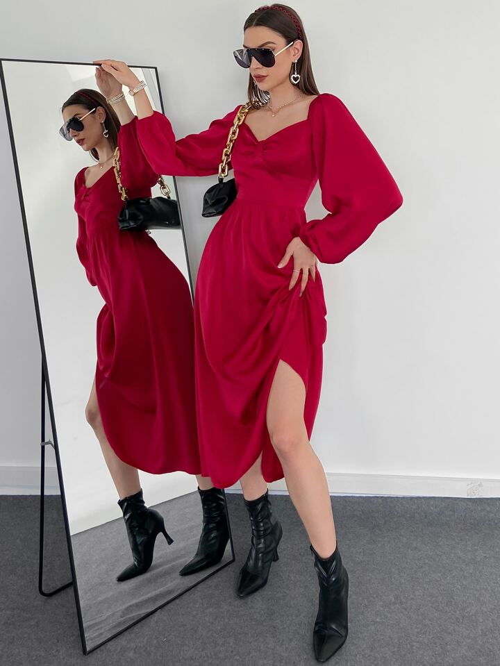 Shein Modely Sweetheart Neck Lantern Sleeve Satin Dress | Shein