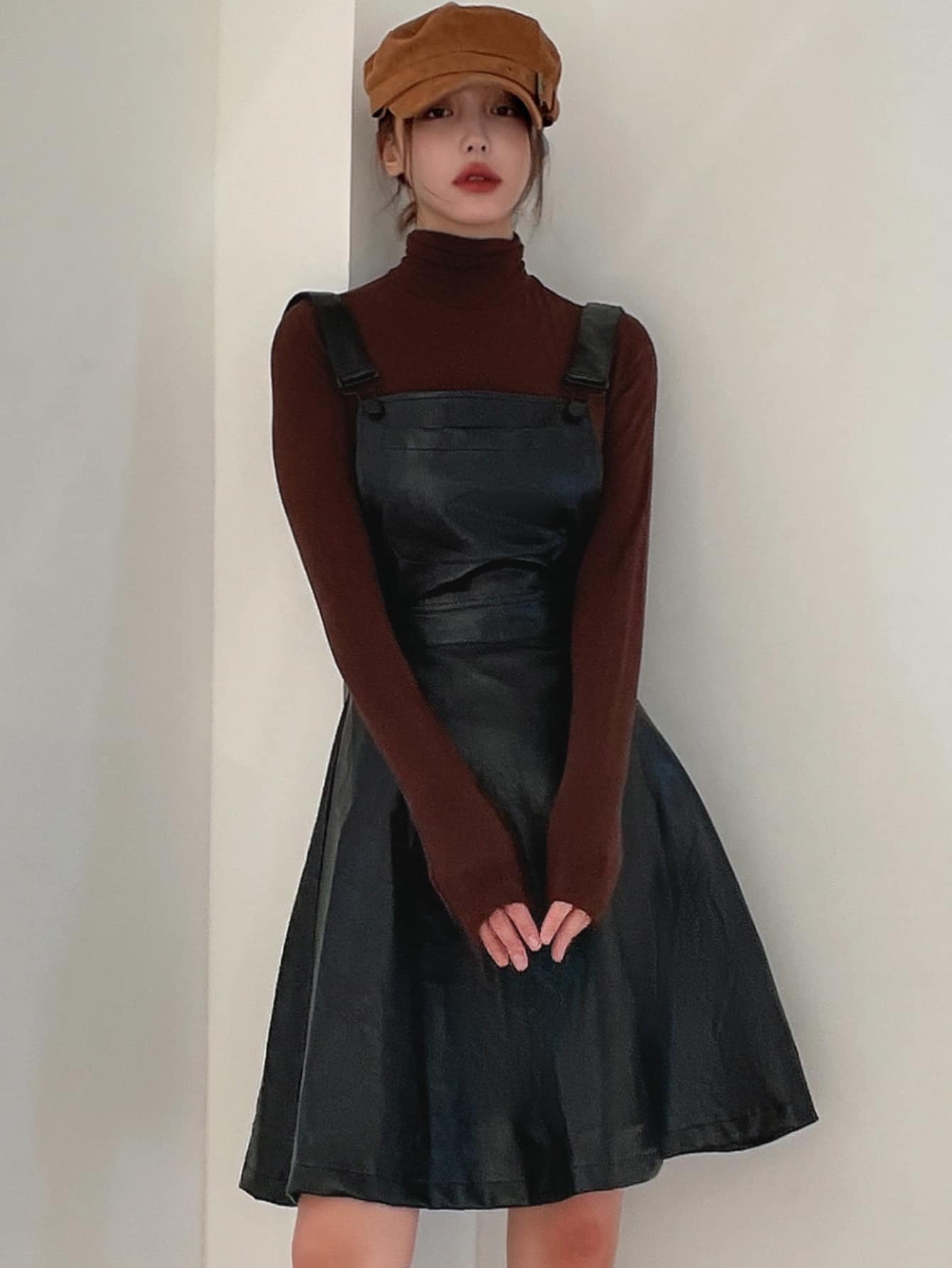 DAZY PU Solid Flare Hem Overall Dress | SHEIN