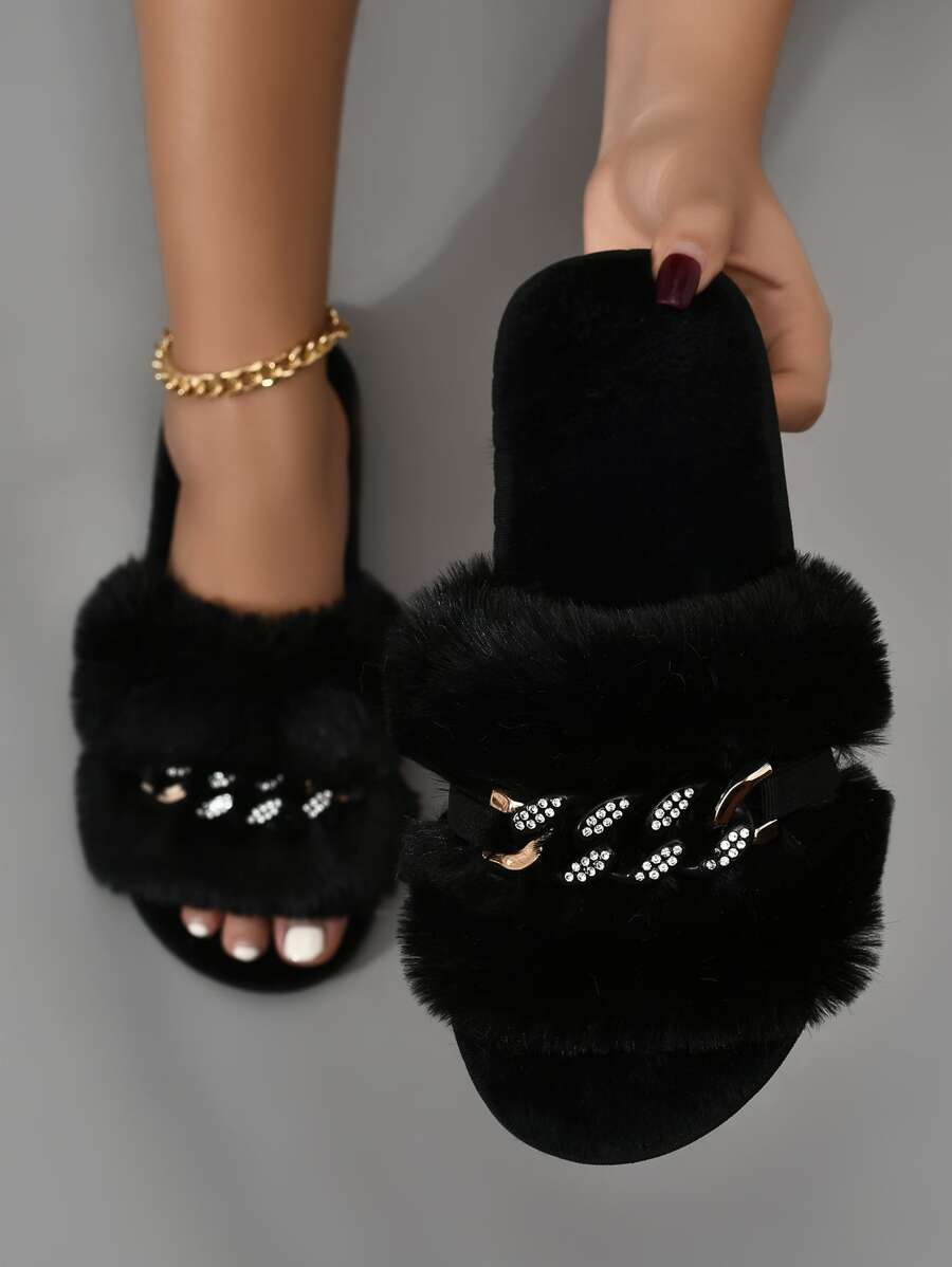 Fall/Winter Rhinestone & Chain Decor Fluffy Bedroom Slippers | SHEIN USA