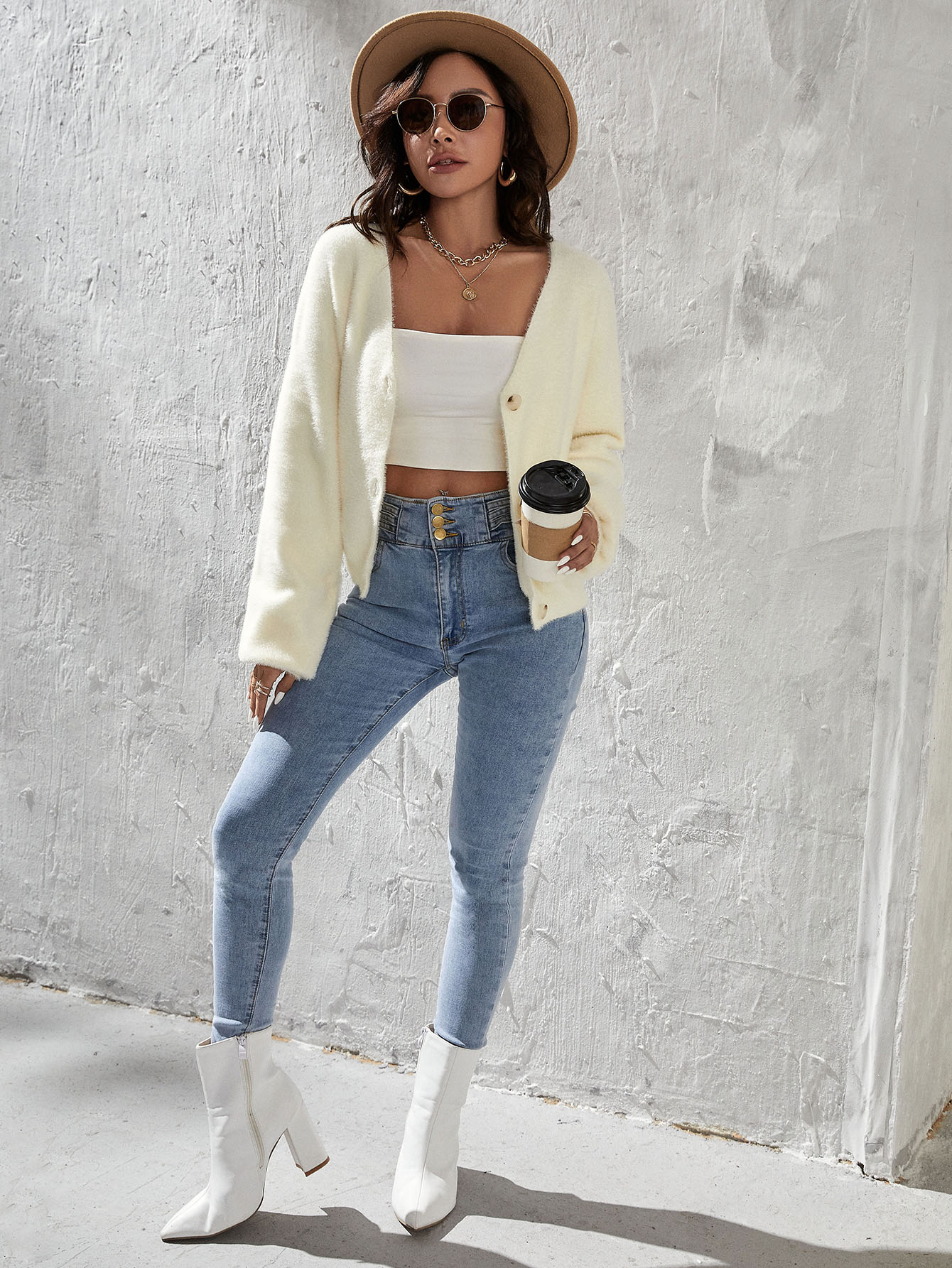 Drop Shoulder Button Front Fuzzy Cardigan | SHEIN USA