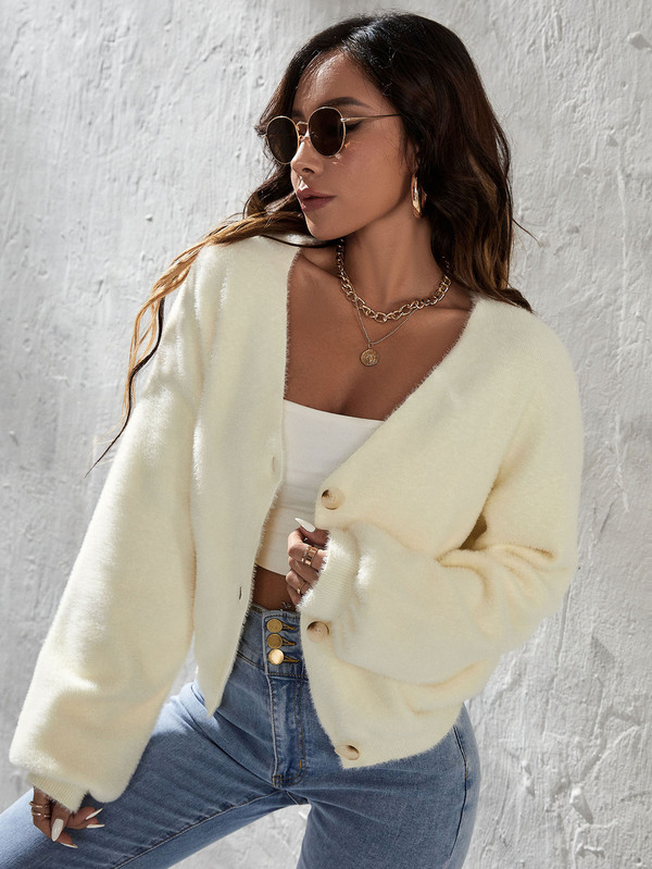 Drop Shoulder Button Front Fuzzy Cardigan | SHEIN USA