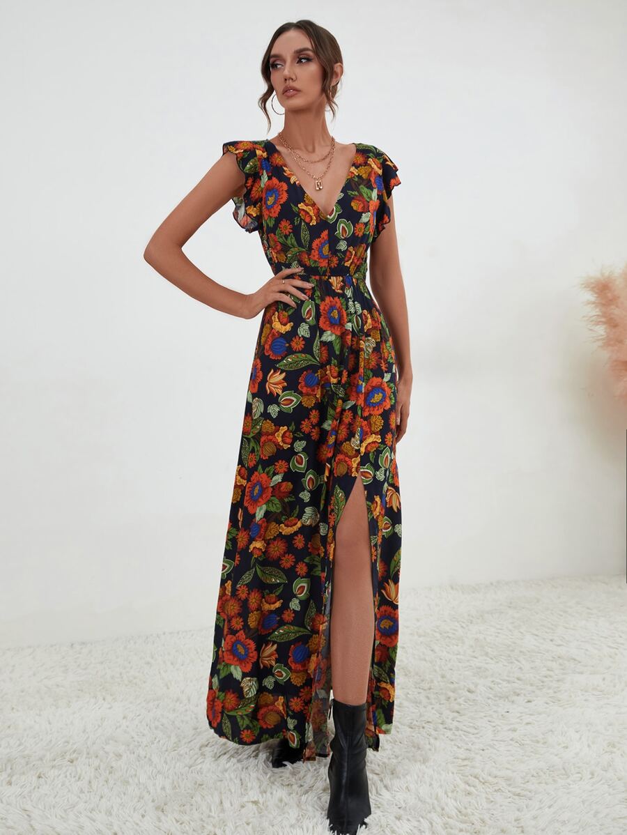 Breezaya Floral Print Ruffle Trim Split Thigh Dress Without Belt Maxi ...