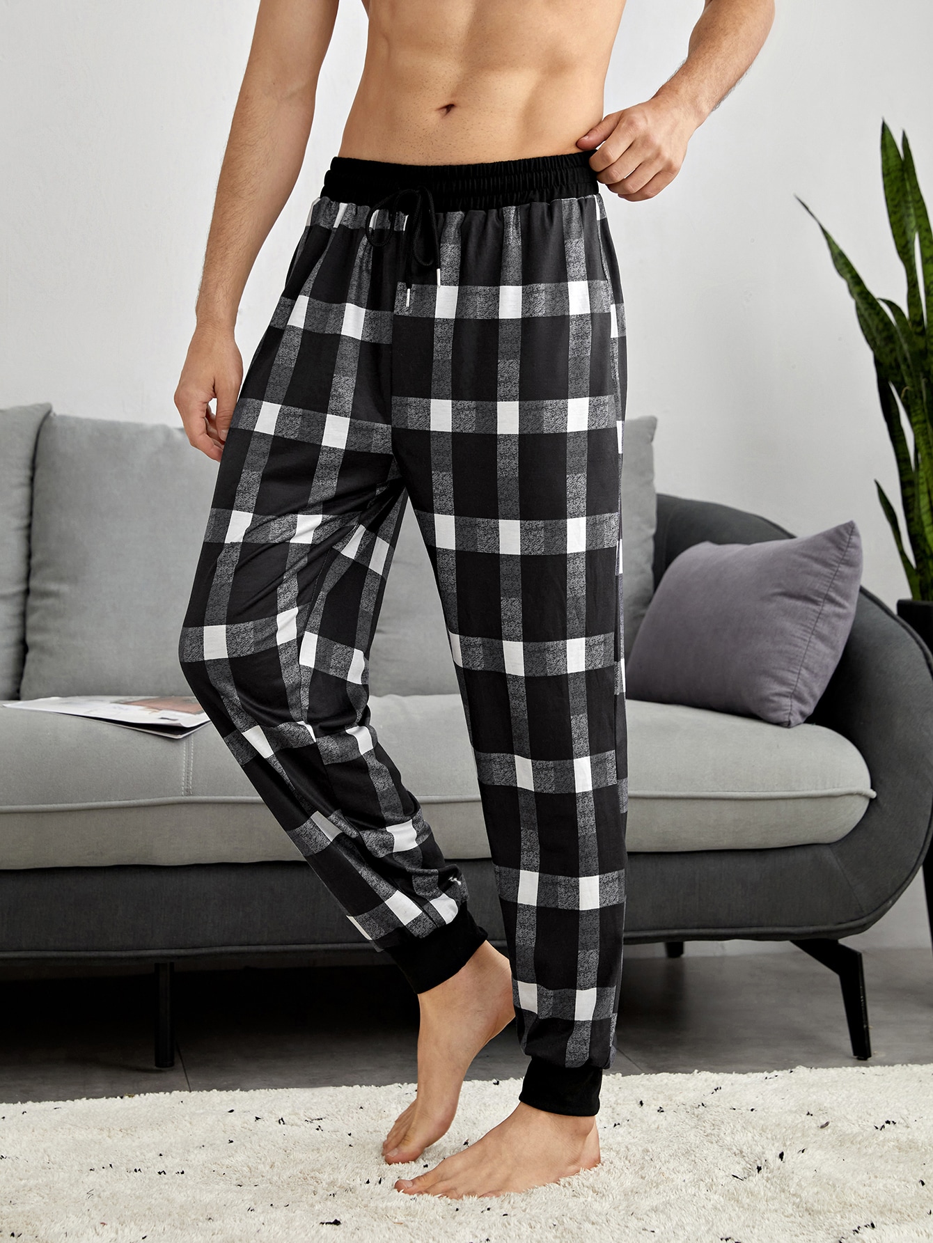 Hombres Pantalones de pijama de cuadros de cintura con cordón
