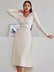 SHEIN Modely Ribbed Knit Pleated Belted Sweater Dress | SHEIN USA
