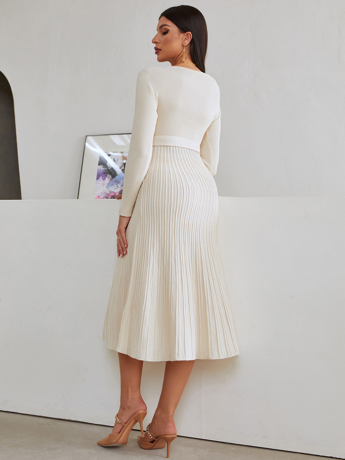 SHEIN Modely Ribbed Knit Pleated Belted Sweater Dress | SHEIN USA