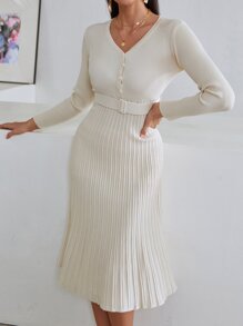 SHEIN Modely Ribbed Knit Pleated Belted Sweater Dress | SHEIN USA