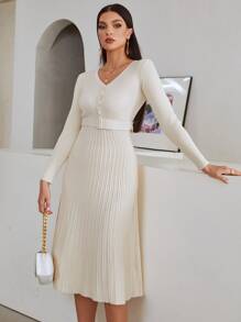 SHEIN Modely Ribbed Knit Pleated Belted Sweater Dress | SHEIN USA