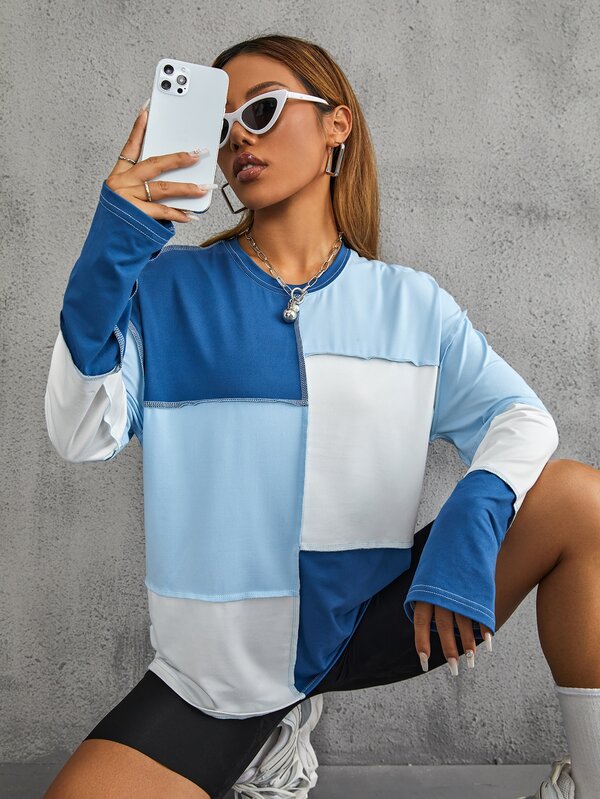 Colorblock Seam Detail Tee | SHEIN USA