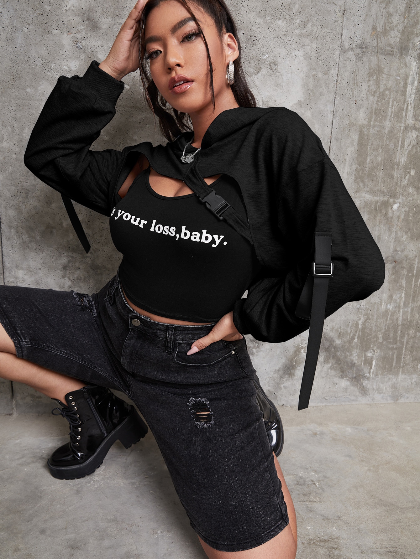 Romwe Punk Plus Buckle Tape Cut Out Super Crop Hooded Sweatshirt For