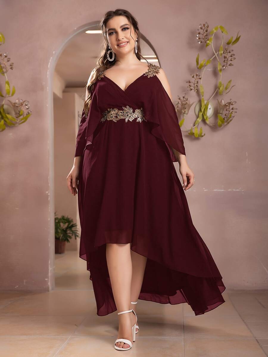 SHEIN Belle Burgundy Red Plus Sequin Applique Cold Shoulder High Low ...