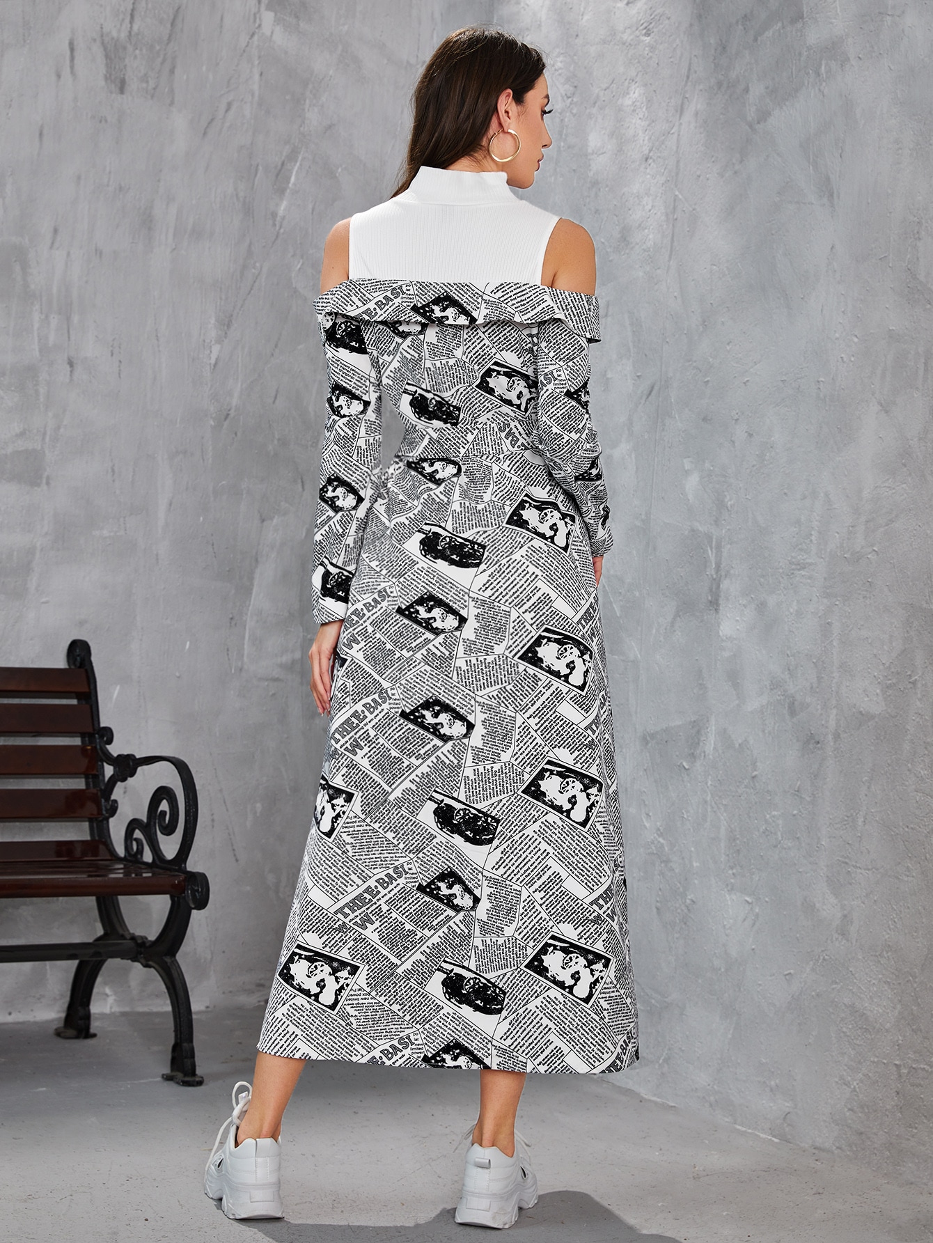 SHEIN Newspaper Print Off Shoulder Belted 2 In 1 Dress | SHEIN USA