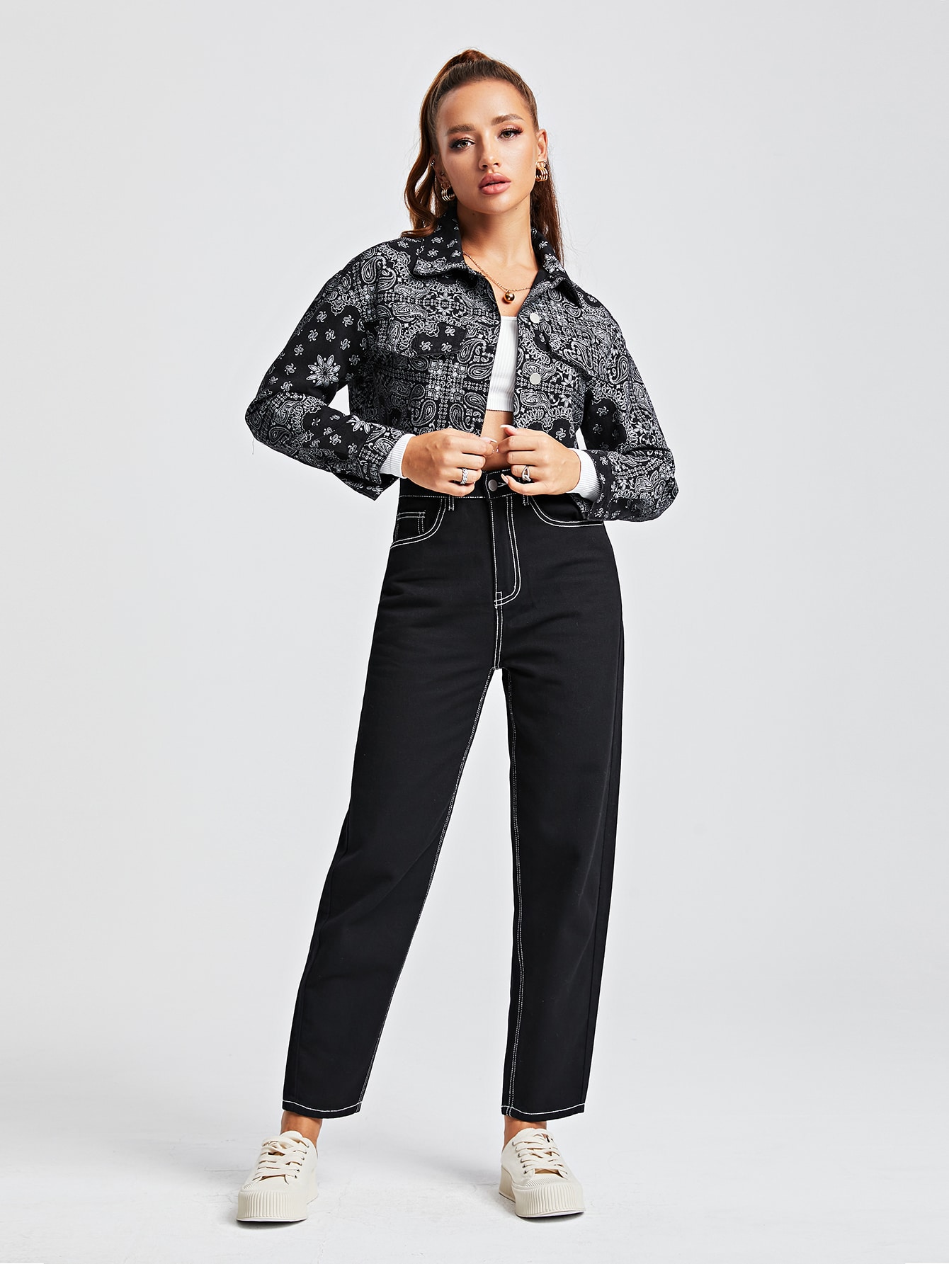 Crop Denim Jacke Mit Paisley Muster Aktuelle Trends Günstig Kaufen