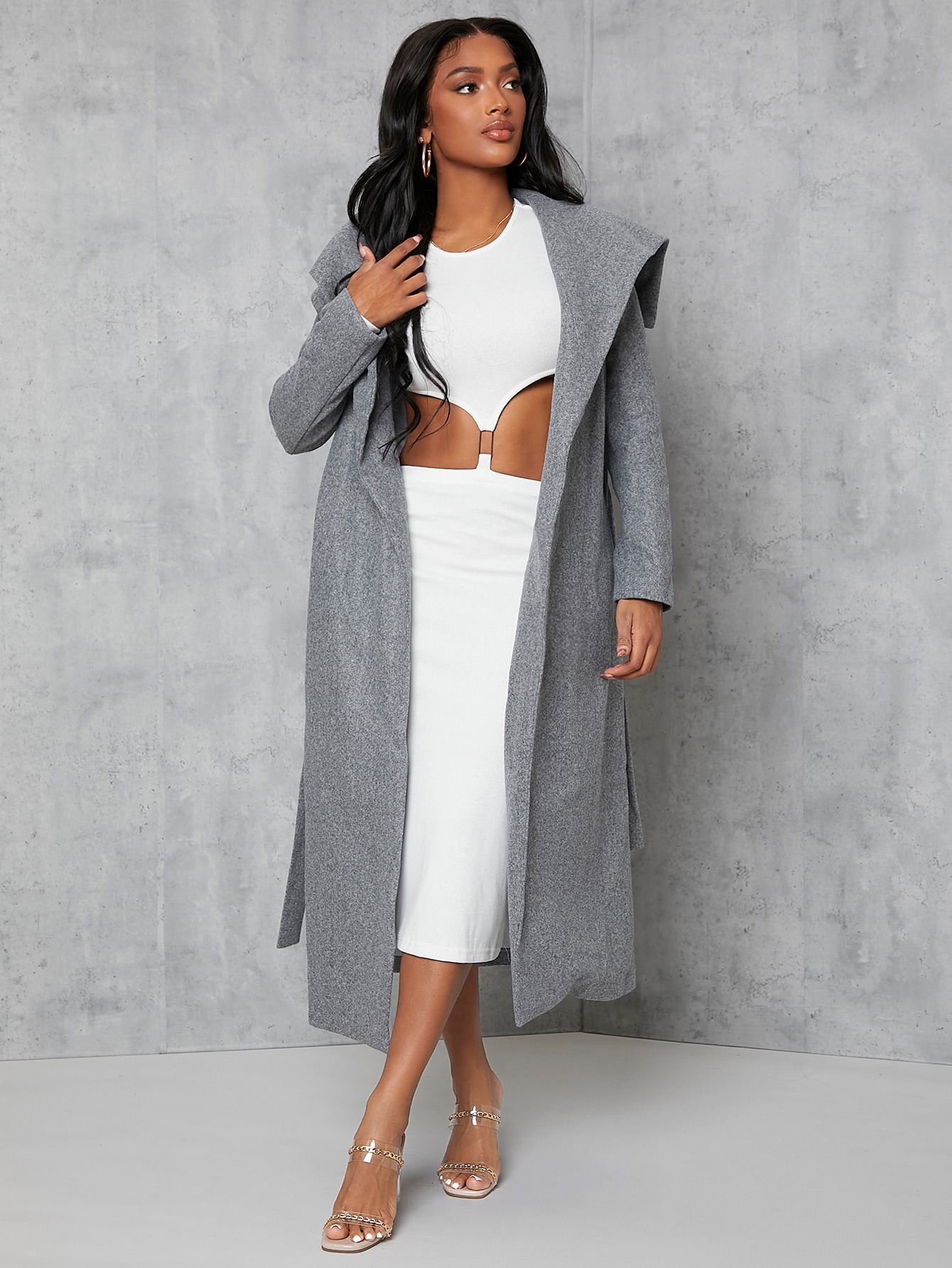 SHEIN SXY Solid Sailor Collar Belted Overcoat