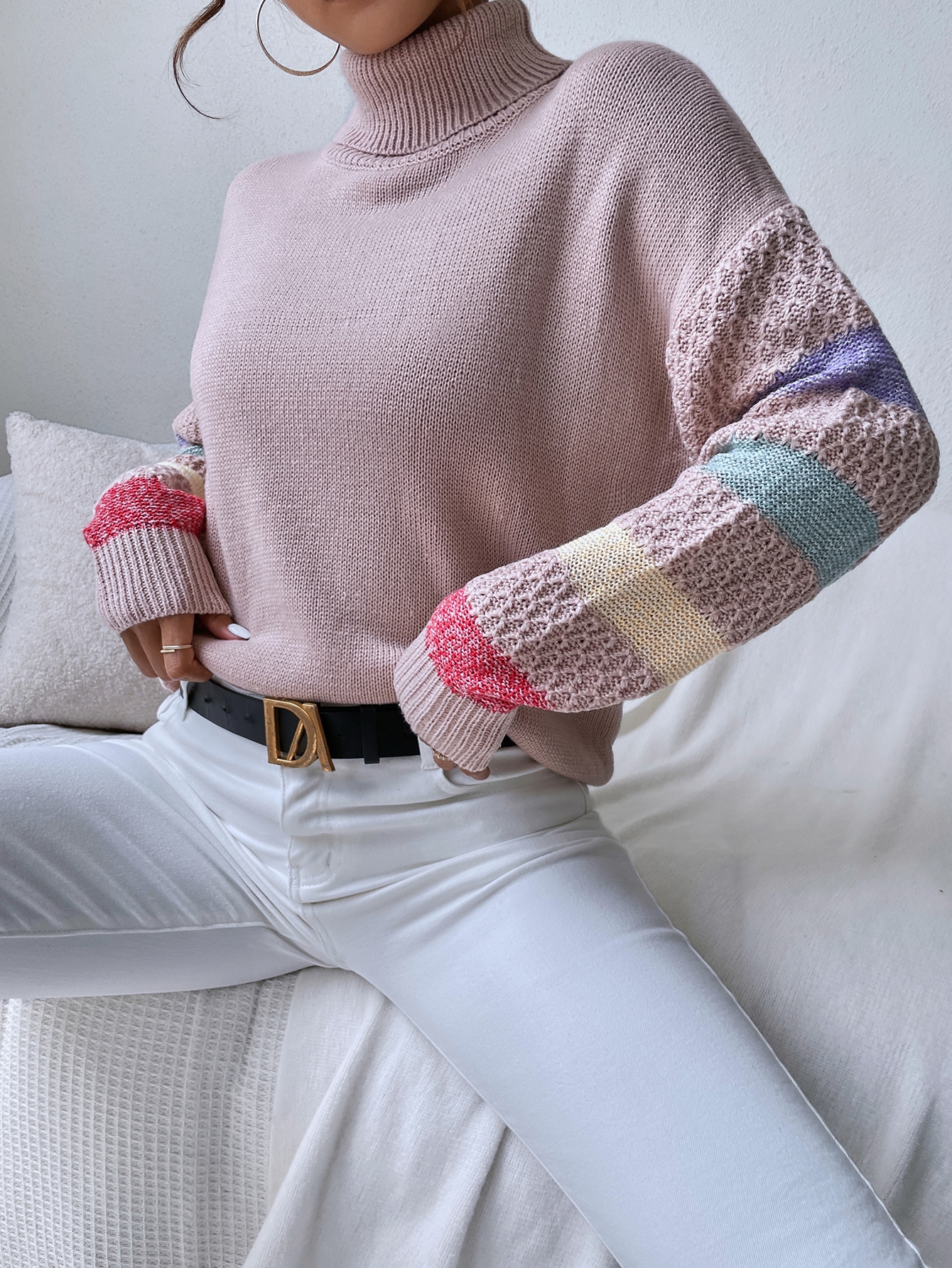 Striped Drop Shoulder High Neck Sweater