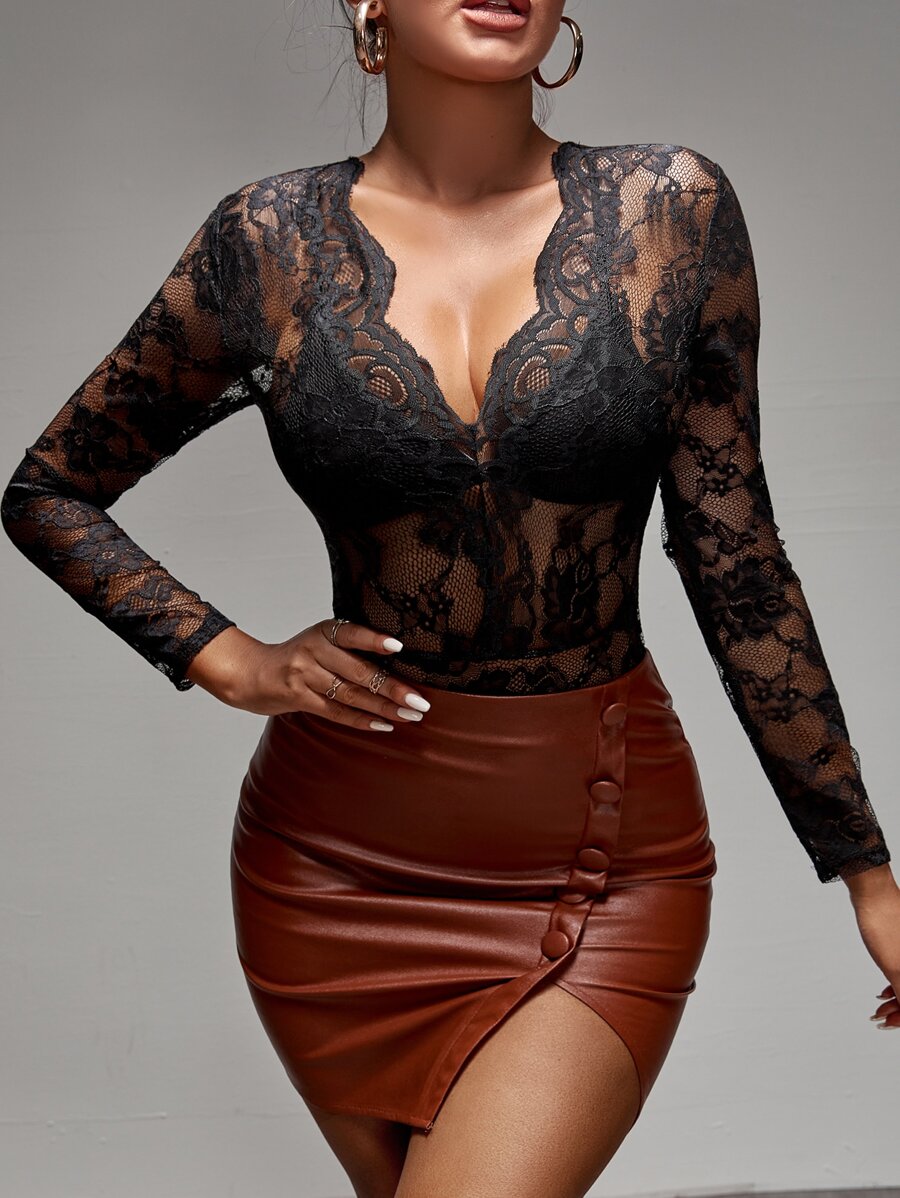 Shein Sxy Plunging Neck Lace Bodysuit Without Lingerie Shein Usa