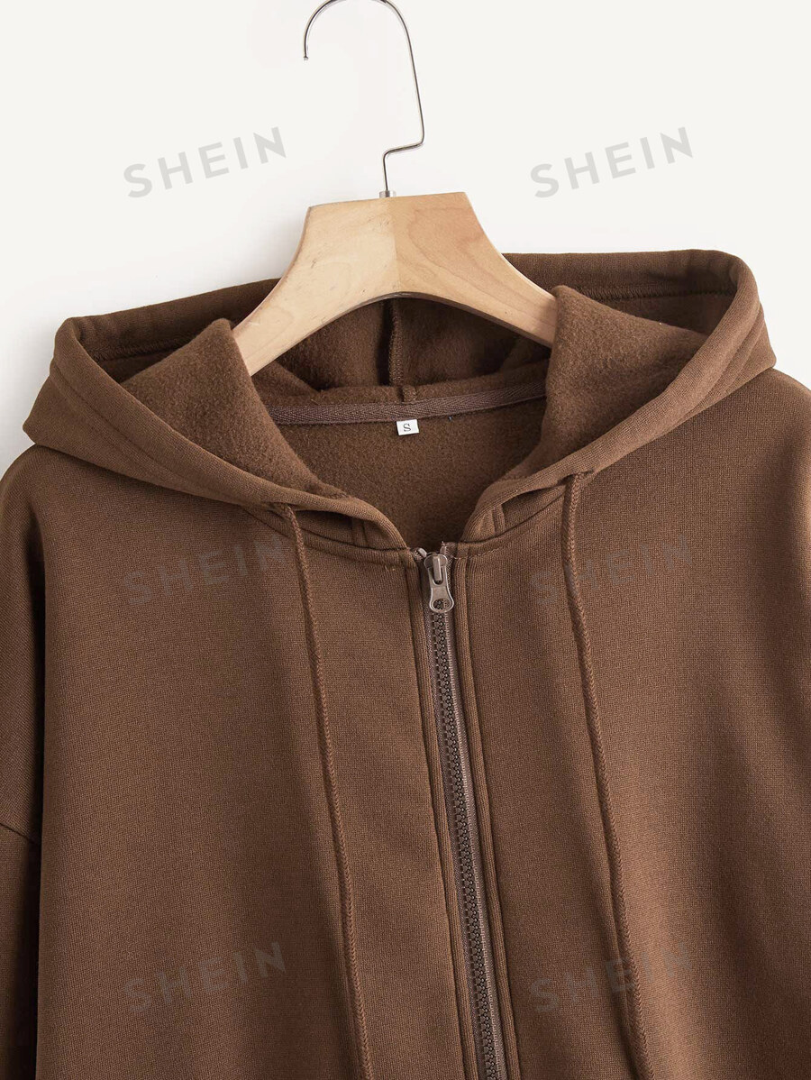 SHEIN EZwear Solid Zip Up Drawstring Thermal Lined Hoodie | SHEIN UK