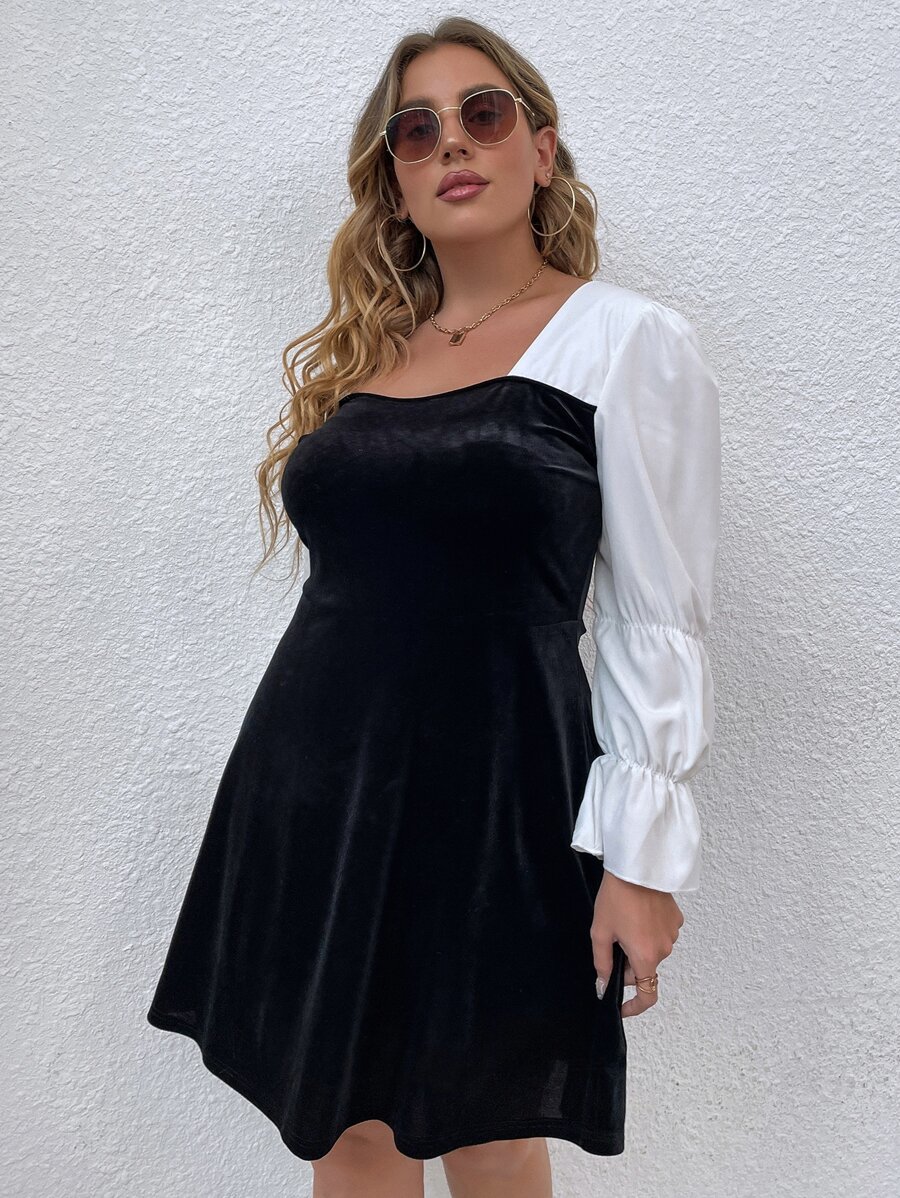 Plus Puff Sleeve A Line Velvet Dress | SHEIN EUR